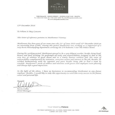 Letter of reference The Palace GM | PDF