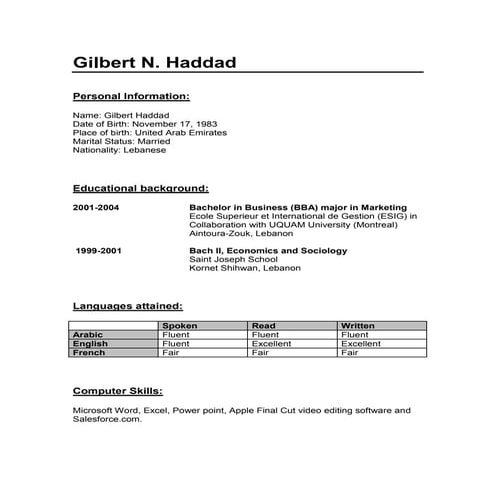 Resume Gilbert Haddad 2015 | PDF | Sales | Business
