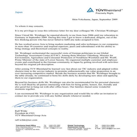 Recommendation letter TUV Rheinland, signed by Dr Wilde | PDF