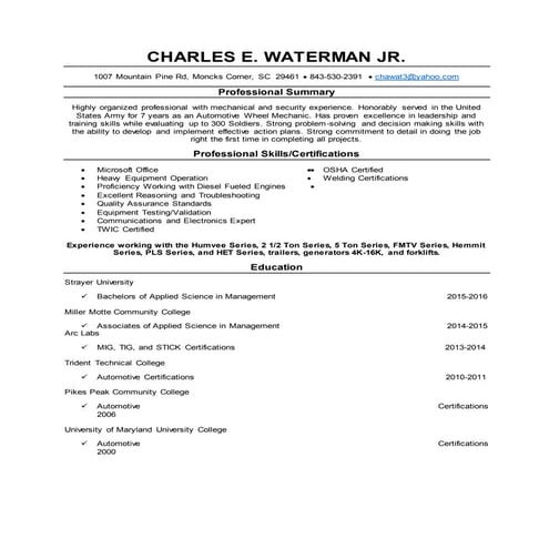 Charles E Waterman Jr Resume | DOCX | Commercial Trucks | Auto Body Styles