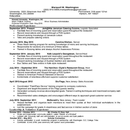 Marquell Washington Restuarant Resume | DOCX