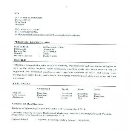 Cv Michael Hanongo | PDF