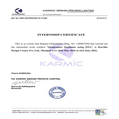 (KDPL-280)_ Rupam Chakraborty Intership certiicate-1 | PDF