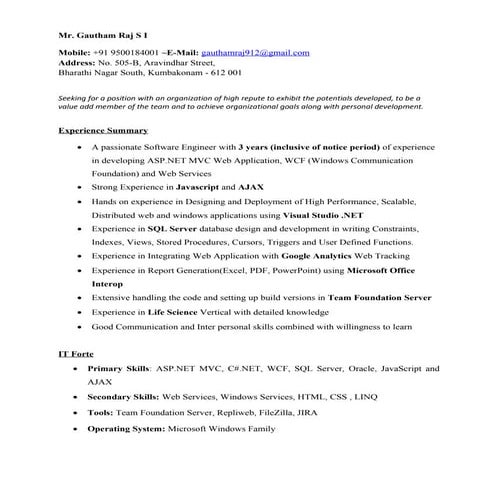 GauthamRaj_SI_Resume | DOC | Databases | Computer Software and Applications