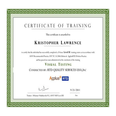 VT Level II training certificate- Kristopher | PDF