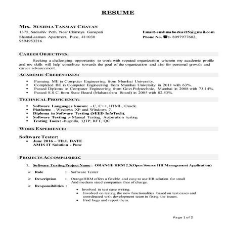 Sushma Chavan resume | DOCX | Business | Business and Finance