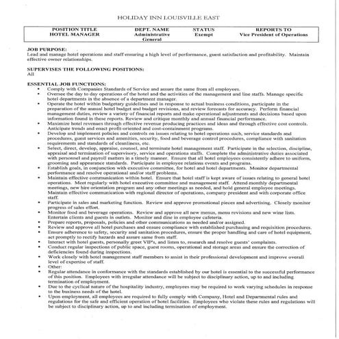 Hotel Manager Job Description | PDF