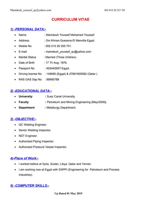 Cv of qaqc, inspection engineer, welding, painting & coating inspector ...