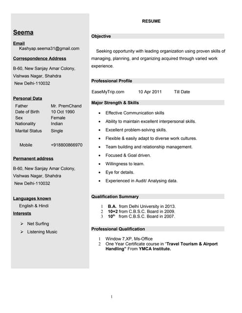 Resume for seema pawar | DOC