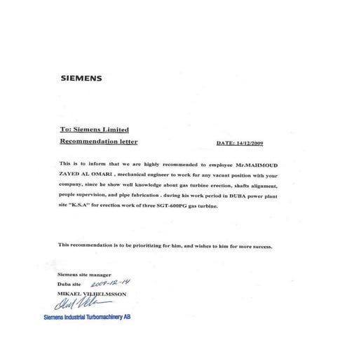 siemens recomndation letter | PDF