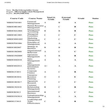 Grade Card (Don Bosco University)Complete | PDF