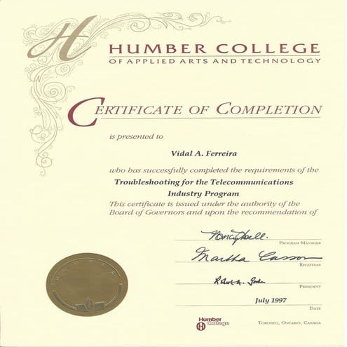 Tony Ferreira - Humber College - Certificate | PDF