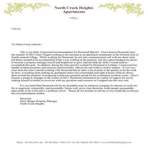 Desmond Letter of Recommendation | PDF