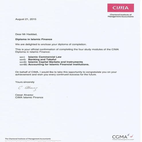 Letter CIMA Diploma in Islamic Finance | PDF