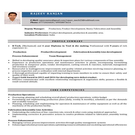 Resume for production manager | DOCX | Manufacturing Industry | Industries