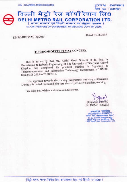 DMRC Certificate_Project | PDF