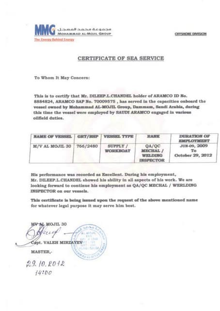 Sea Service Certificate | PDF
