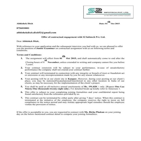 S2 Infotech Offer Letter | PDF