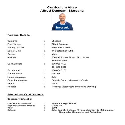ALFRED D SKOSANA CV | DOC