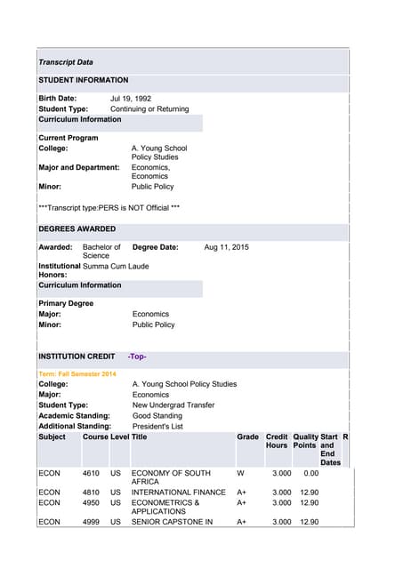 Graduate Academic Transcript | PDF