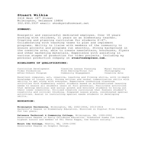 Stuart Wilkie resume 2016 | DOCX | Daycare and Pre-School | Parenting