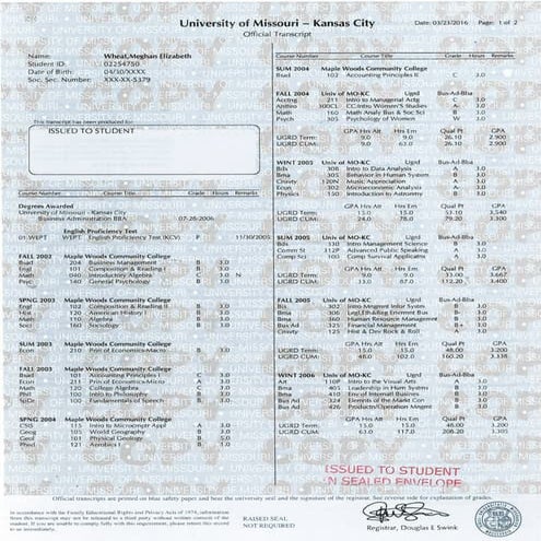 Meghan Wheat UMKC College Transcript - BBA 2006 | PDF