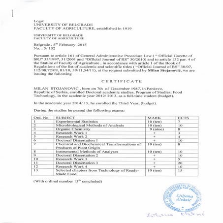 Transcripts of records, PhD studies | PDF