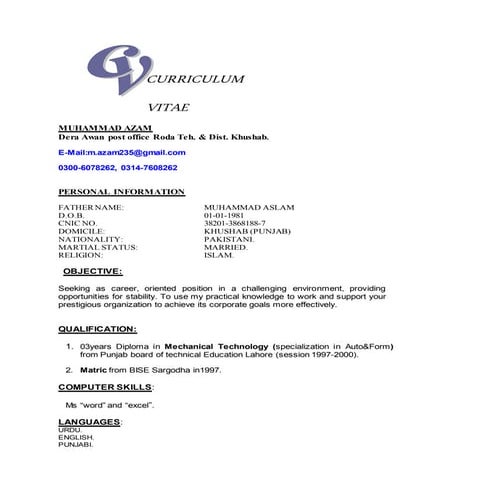 M.azam cv in word. | DOCX | Manufacturing Industry | Industries