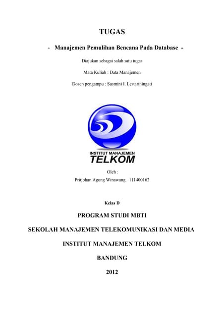 Manajemen Pemulihan Bencana Pada Database Pdf