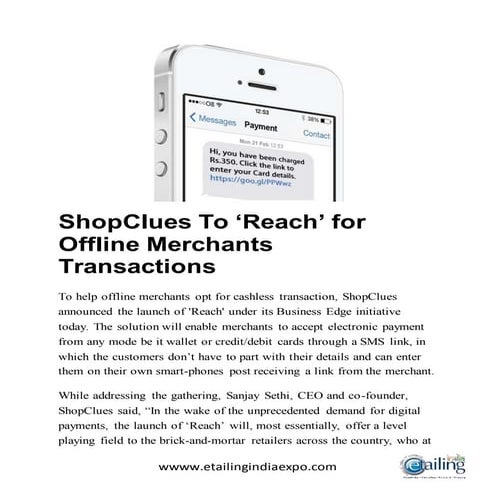 ShopClues To ‘Reach’ for Offline Merchants Transactions | DOCX
