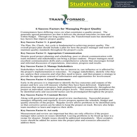 6 Success Factors For Managing Project Quality | PDF