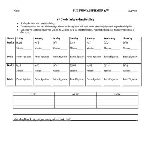 6th Grade Independent Reading Sheet | DOCX