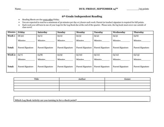 5th Grade Independent Reading Sheet | PPT