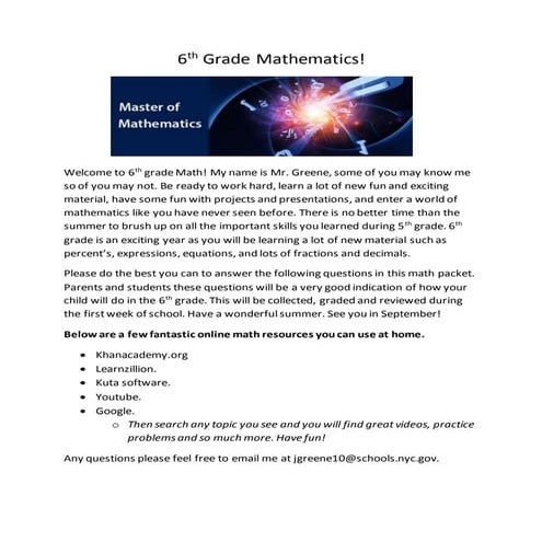 6th grade mathematics entering letter | PDF