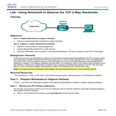 7.2.1.8 lab using wireshark to observe the tcp 3-way handshake | PDF