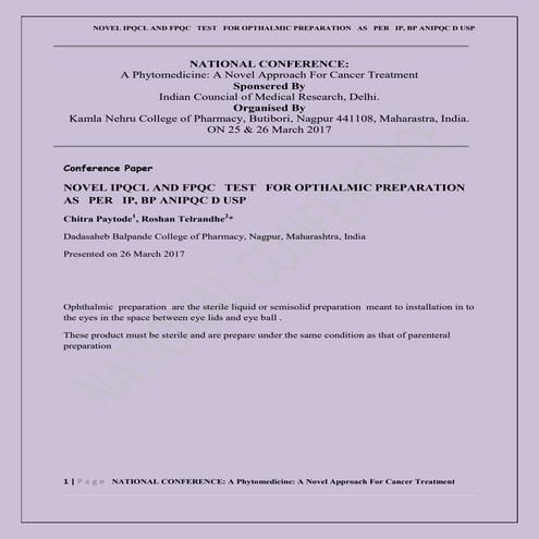 NOVEL IPQCL AND FPQC TEST FOR OPTHALMIC PREPARATION AS PER IP, BP ...