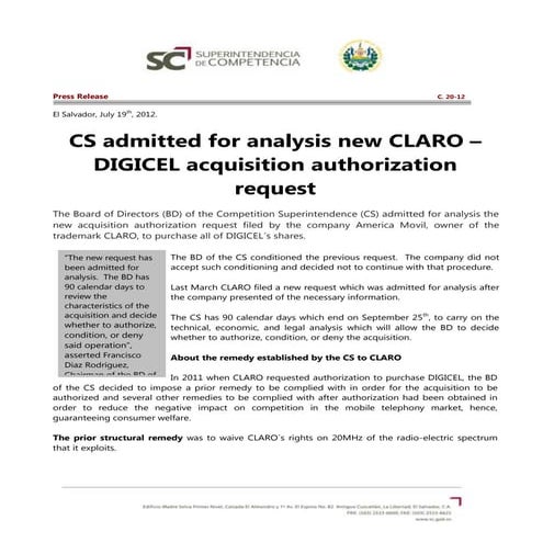 Cs denies authorization to acquire digicel | DOC