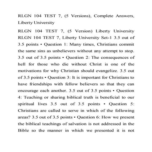 RLGN 104 TEST 7, (5 Versions), Complete Answers, Liberty University | DOCX