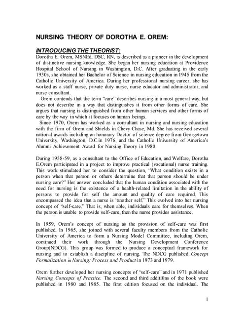 Dorothea Orem’s Theory; Self Care Deficit Theory | PPTX