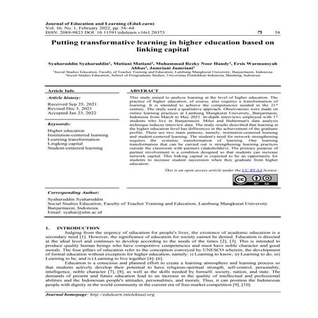 Putting transformative learning in higher education based on linking capital | PDF