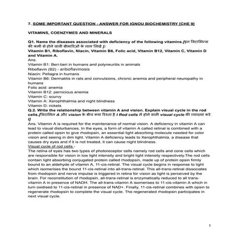 Some Q & A Vitamins, coenzyme, minerals | IGNOU Biochemistry CHE9 (in English /Hinglish) | PDF