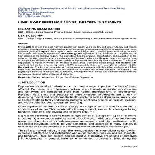 LEVELS OF DEPRESSION AND SELF-ESTEEM IN STUDENTS | PDF