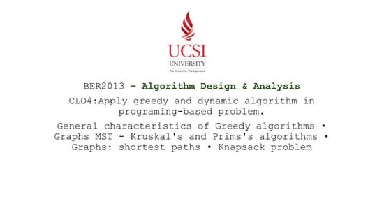 Greedy Algorithm Technique Explained Using Minimal Spanning Treemstpptx
