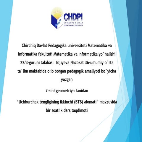 7-sinf Geometriya fanidan Uchburchak tengligining ikkinchi (BTB ...