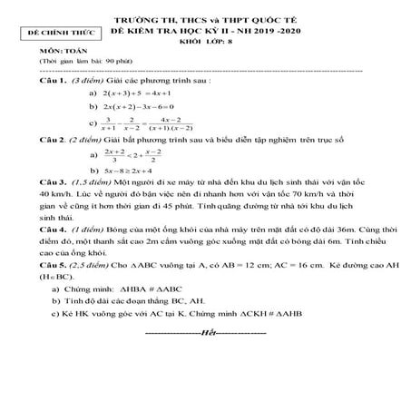 Đề Thi Hk2 Toán 8 - TH - THCS - THPT Quốc Tế | PDF