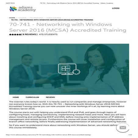 70 741 - Networking With Windows Server 2016 (MCSA) Accredited Training - Adams Academy | PDF