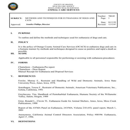 700.05 methods and techniques for euthanasia of dogs and cats | PDF