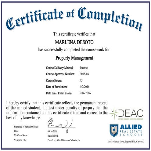 certificate Property Management | PDF