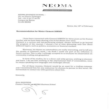 Recommendation Letter NEOMA | PDF