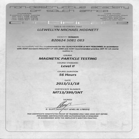 Magnetic Particle inspection Certificate | PDF
